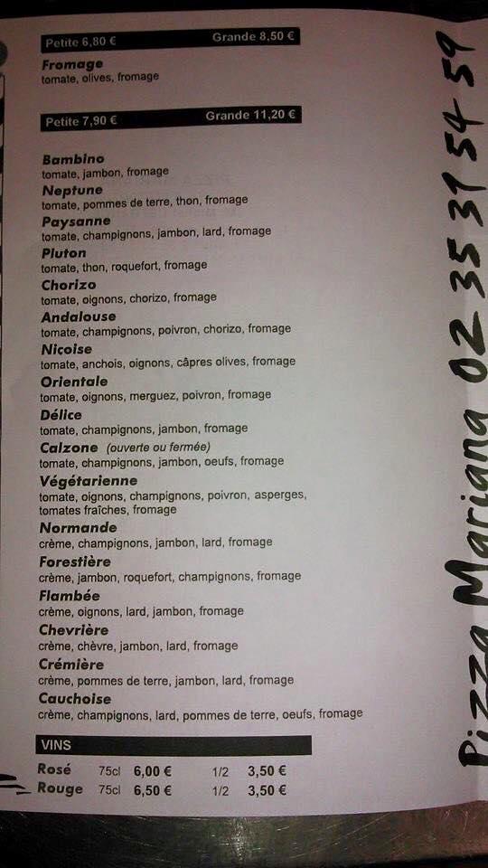 Menu at Pizza Mariana restaurant, Bolbec