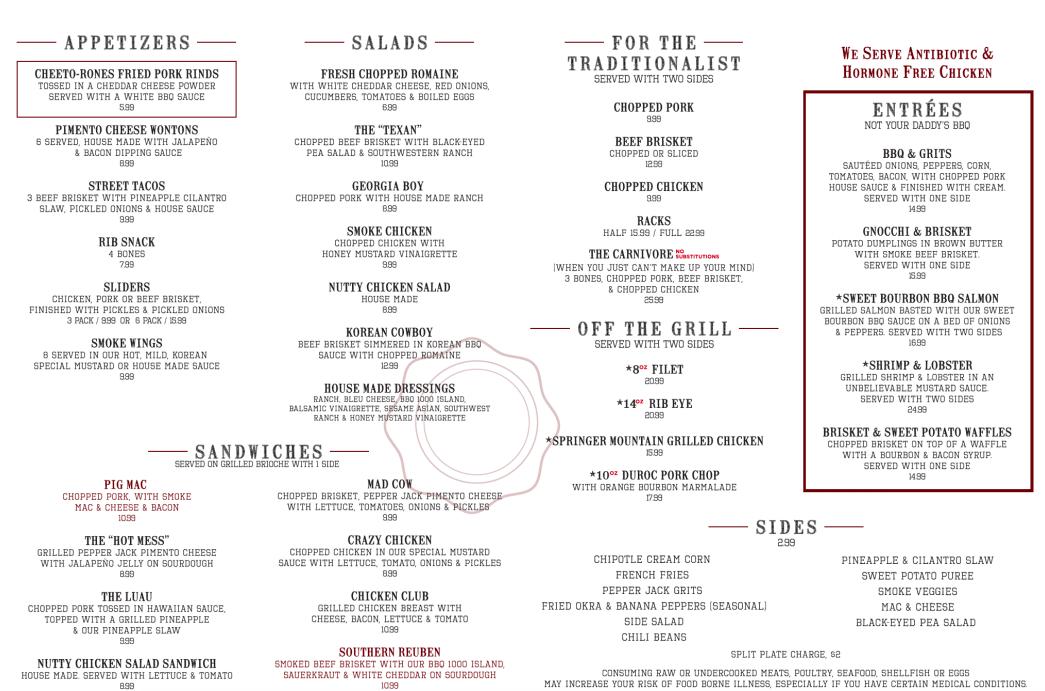 Menu at Smoke Bourbon and BBQ, Columbus