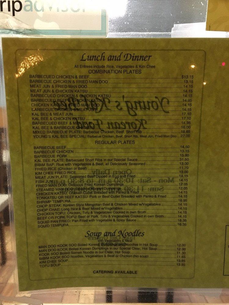 Menu at Young's Kal bee restaurant, Aiea