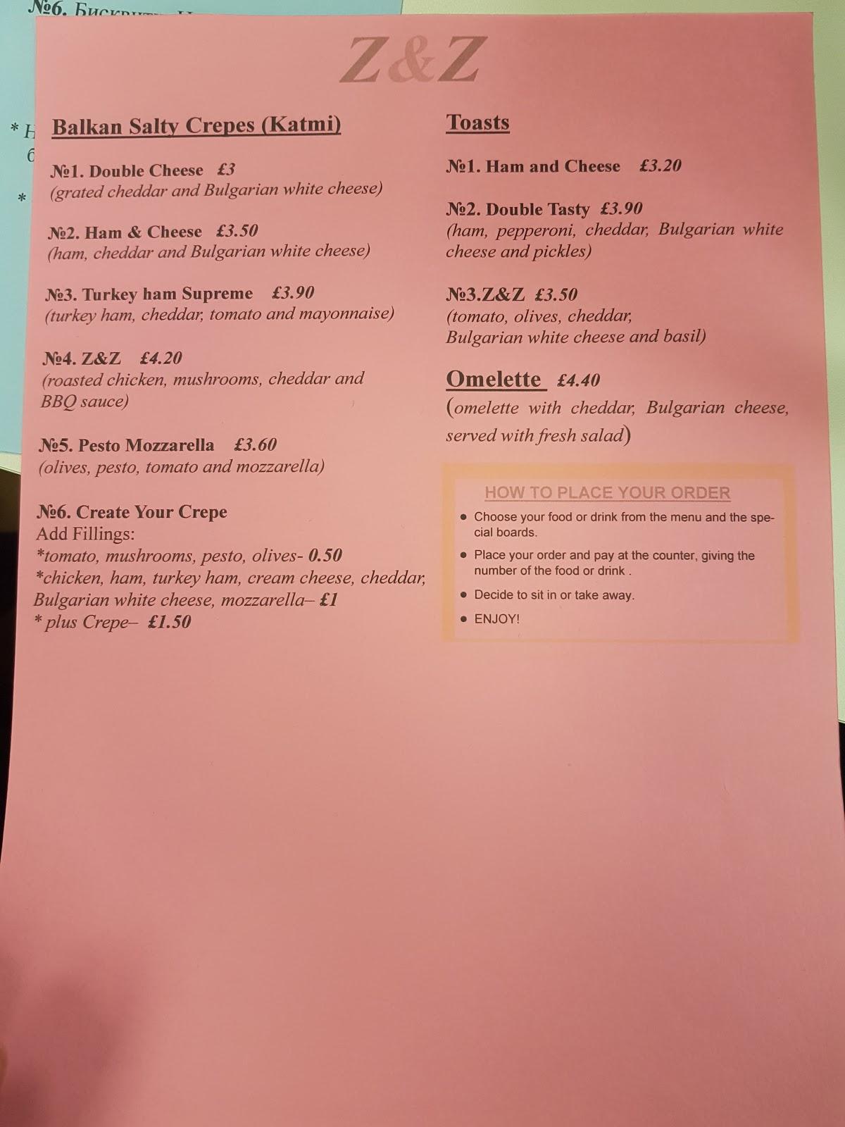 Menu at Z & Z Cuisine cafe, Boston