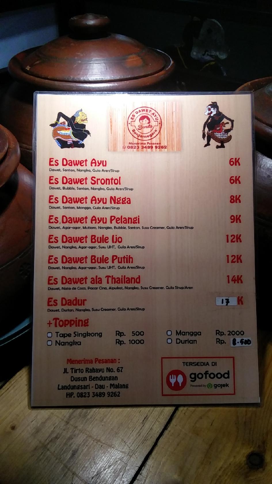 Menu at Es Dawét Ayu Bunda Banjarnegara desserts, Malang