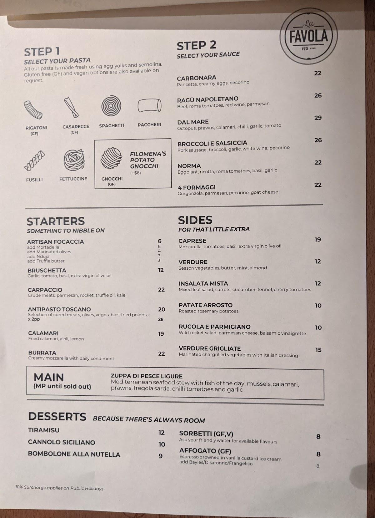 Carta del restaurante La Favola - Authentic Italian Newtown, Newtown