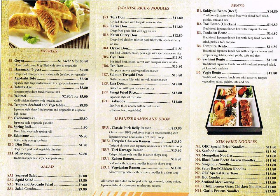 Menu at OEC Japanese Street Food restaurant, Torquay