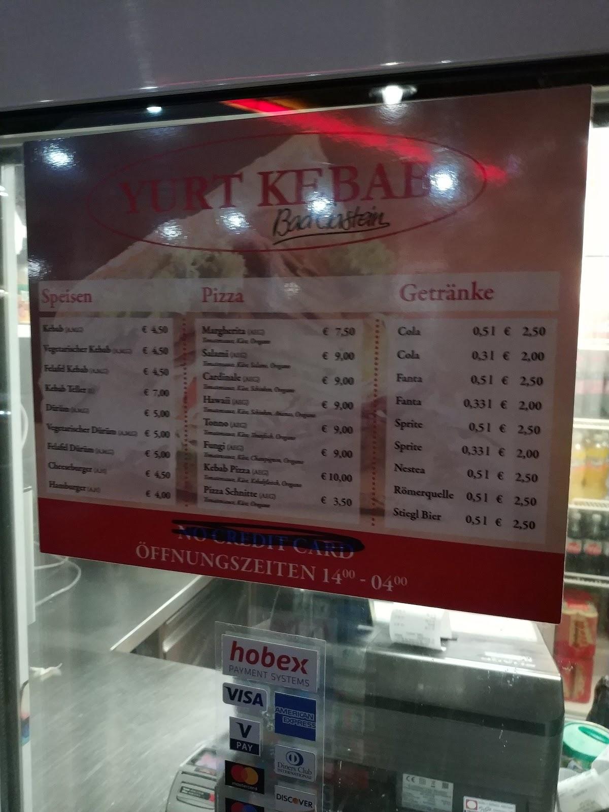 Menu at Yürt Kebap restaurant, Badgastein