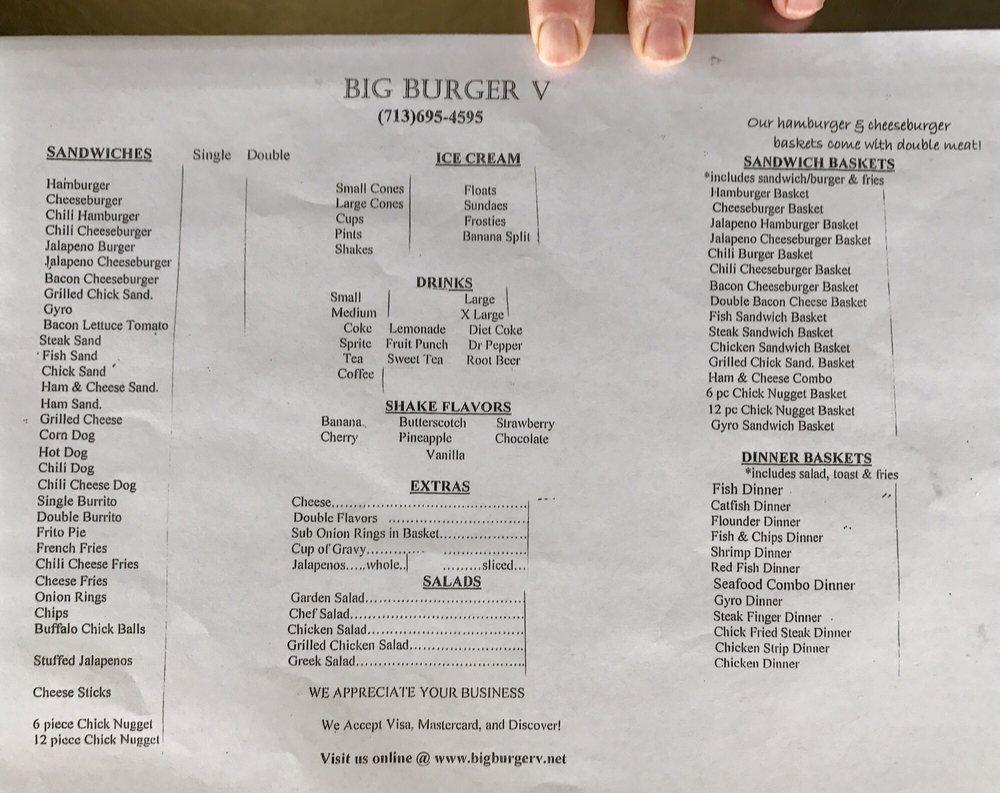 Menu at Big Burger V restaurant, Houston, 11207 W Hardy Rd