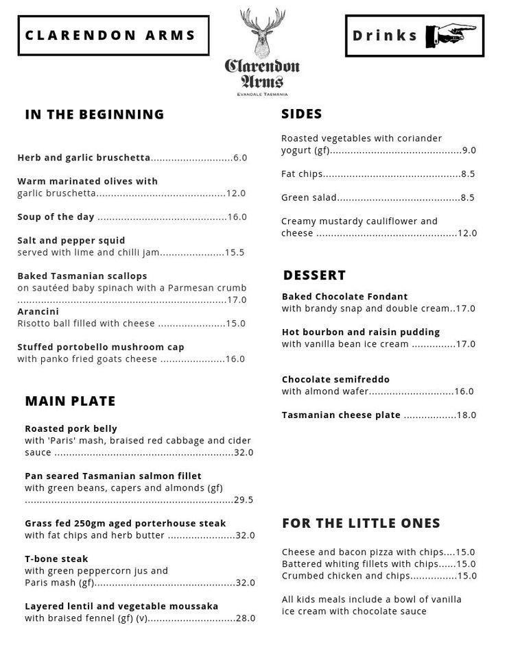 Menu at Clarendon Arms Restaurant, Evandale