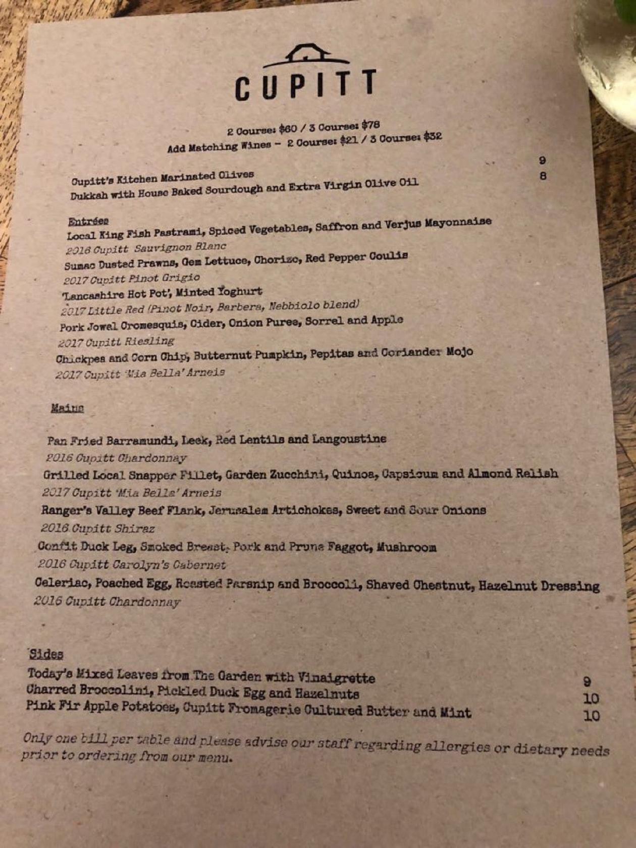 Menu at Cupitt's Estate restaurant, Ulladulla
