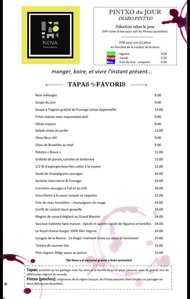 Menu at Nena - Tapas & Pintxo pub & bar, Saint-Sauveur