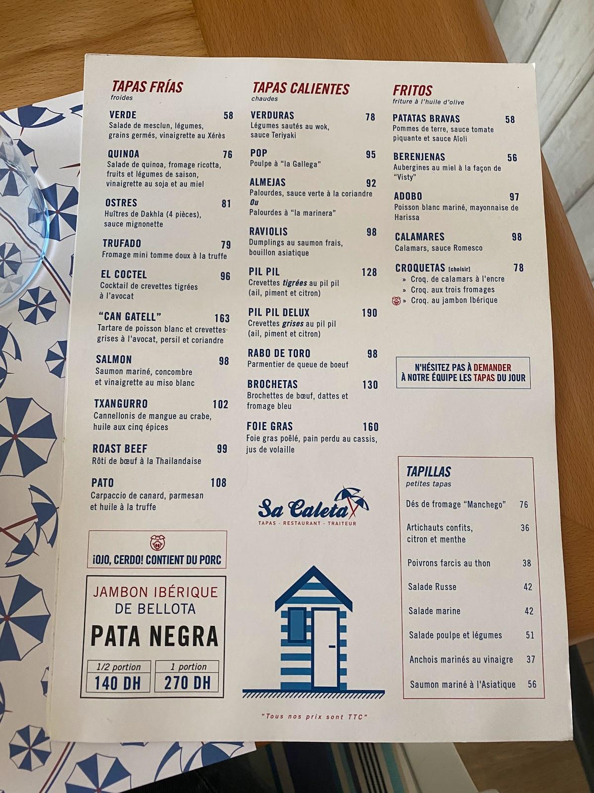 Menu at Sa Caleta restaurant, Rabat