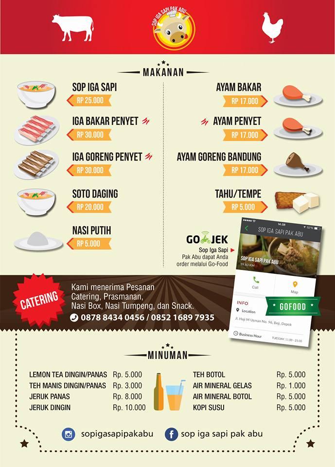 Menu at Sop Iga Sapi Pak Abu restaurant, Depok