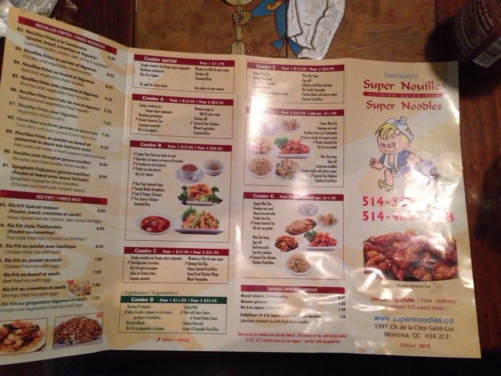 Menu at Super Noodles restaurant, Montréal, Côte Saint Luc Rd
