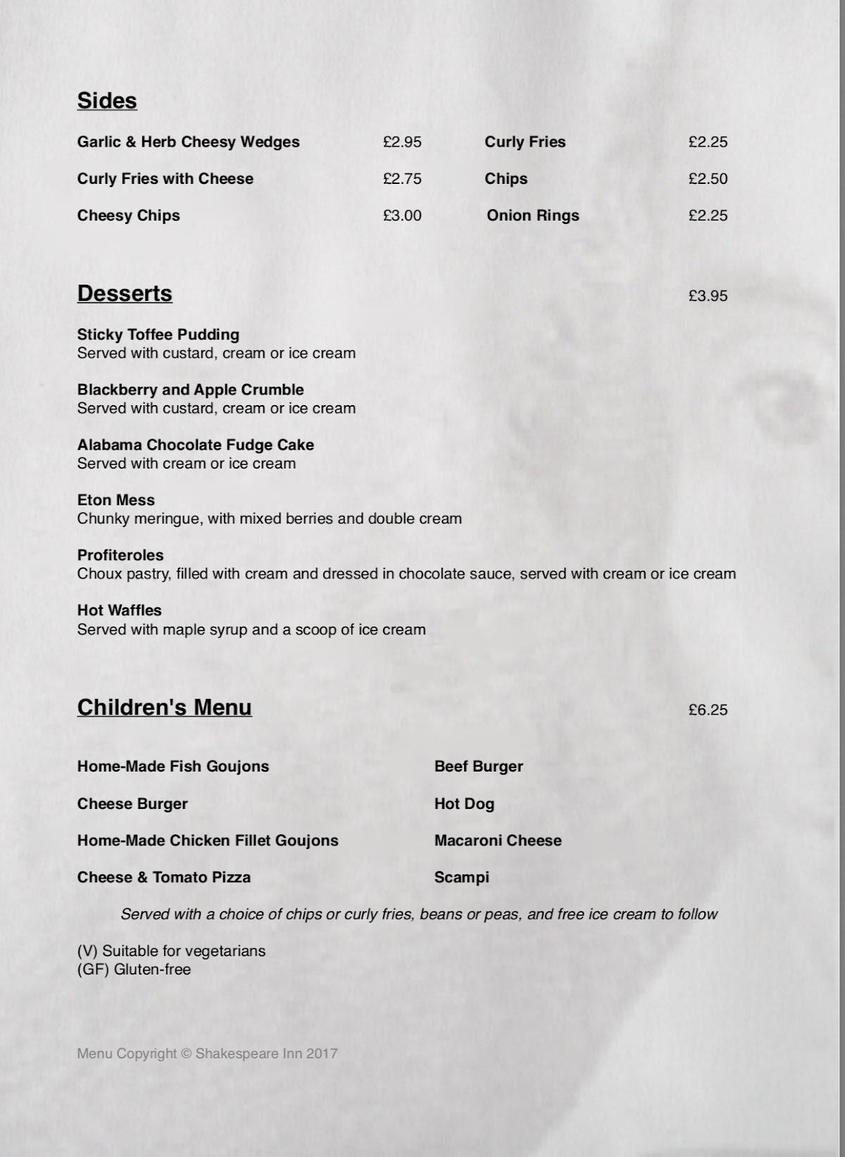 Menu at The Shakespeare Inn (B&B, Accommodation And Eatery) pub & bar ...