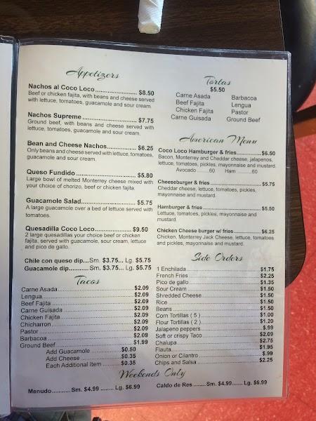 Menu at Coco Loco restaurant, College Station, Welsh Ave