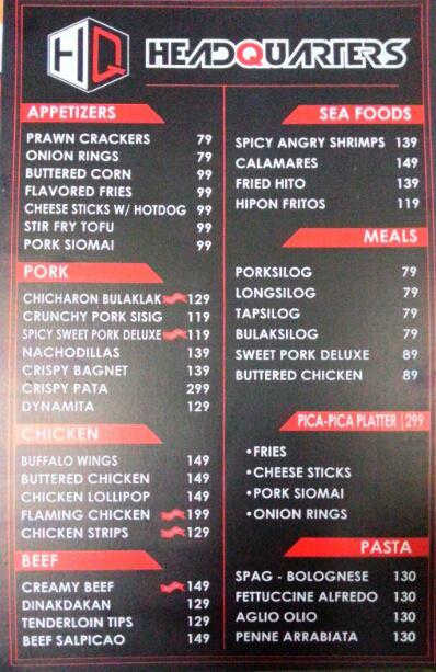 Menu at Headquarters pub & bar, Naga