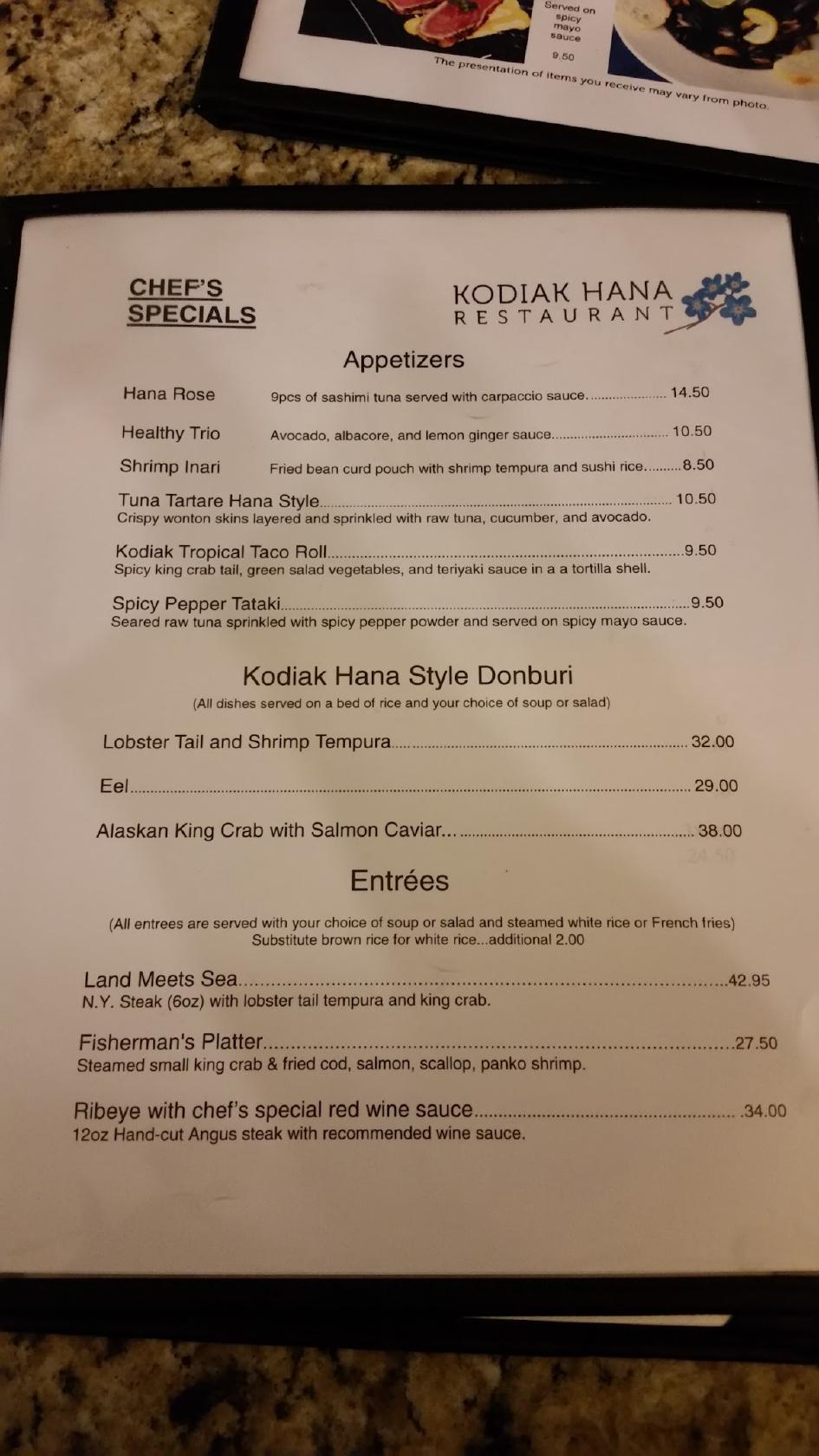 Menu at Kodiak Hana Restaurant, Kodiak
