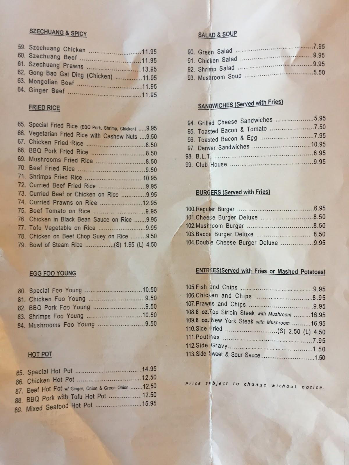 Menu at May Wong Restaurant, Lillooet