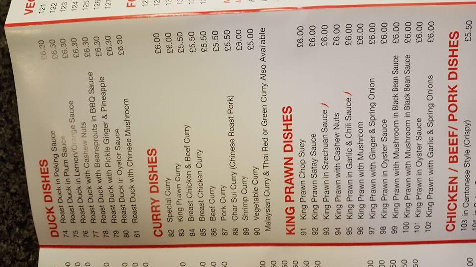 Menu at Red Dragon restaurant, Belfast