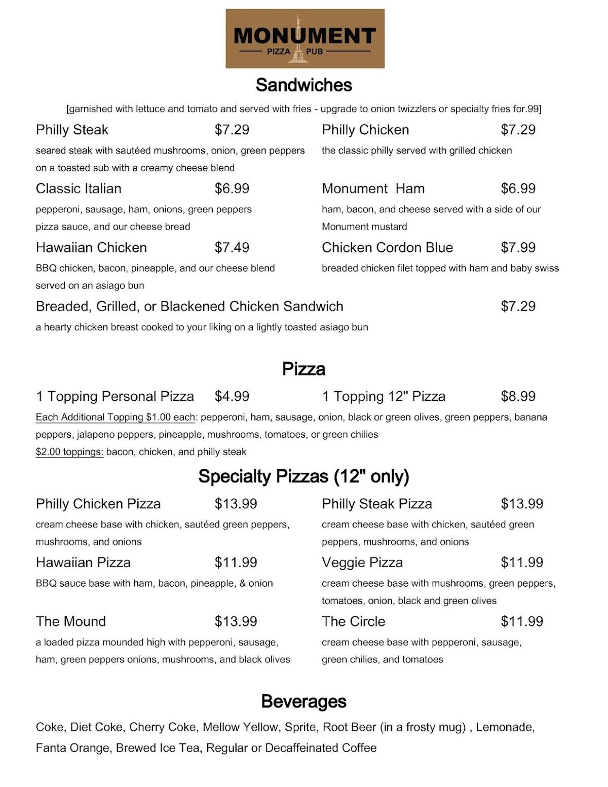 Menu at Monument Pizza Pub, Angola