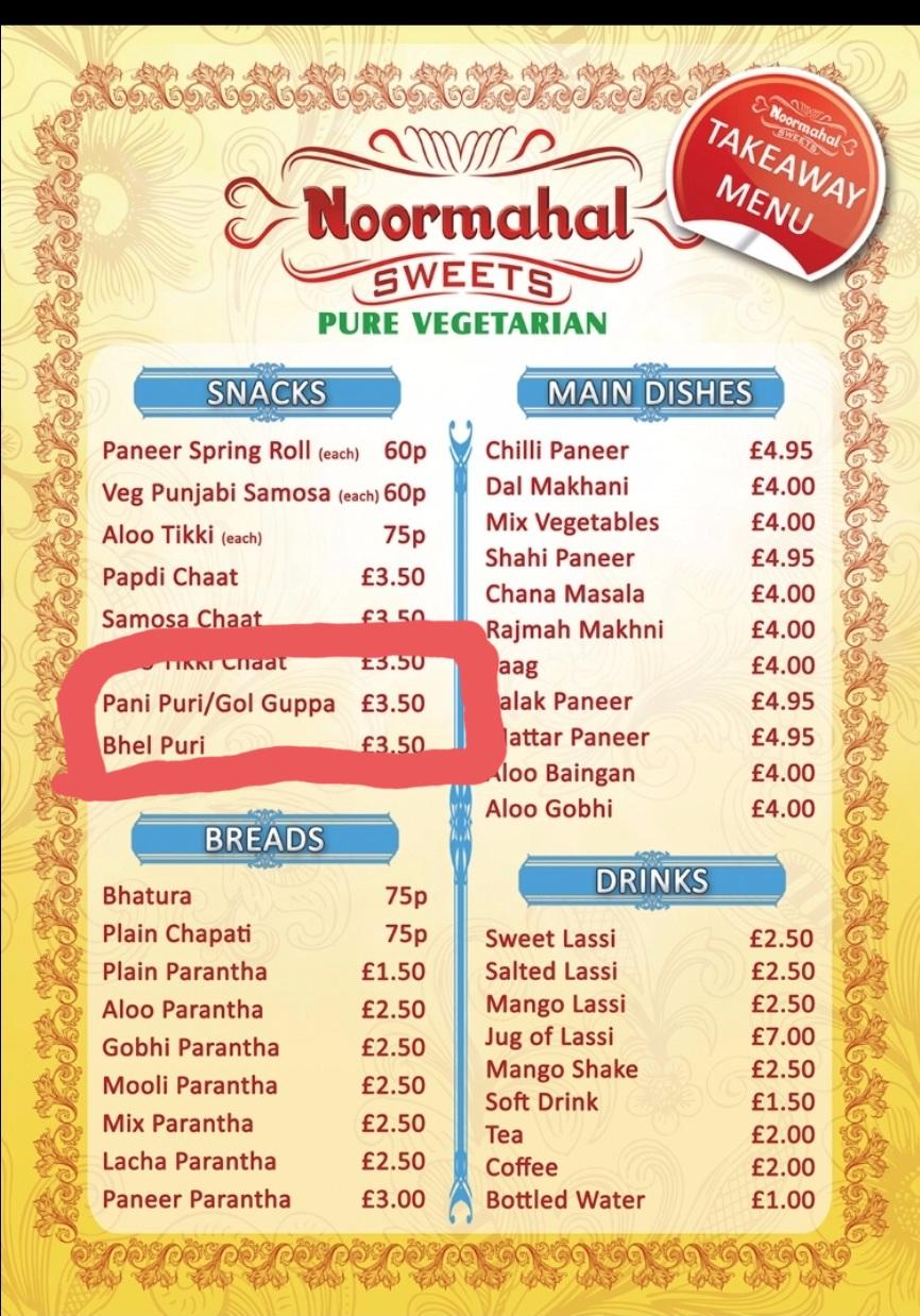 Menu at Noormahal Sweets restaurant, Southall
