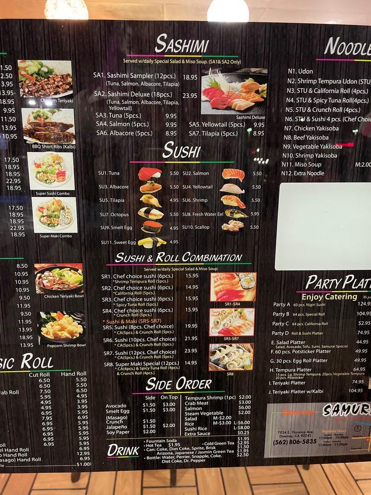 Menu at Samurai Sushi restaurant, Downey