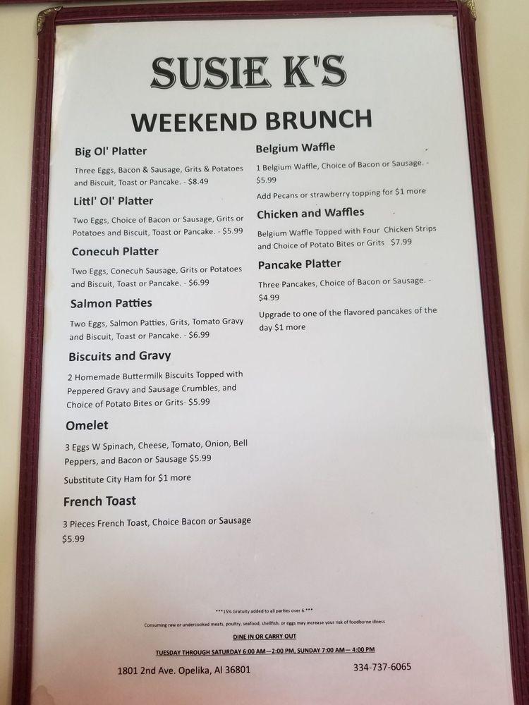 Menu at Susie Ks restaurant, Opelika