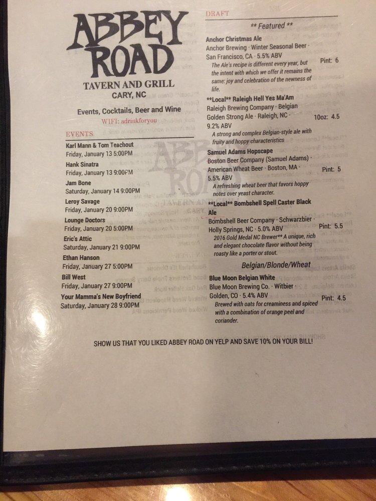 Menu at Abbey Road Tavern & Grill pub & bar, Cary
