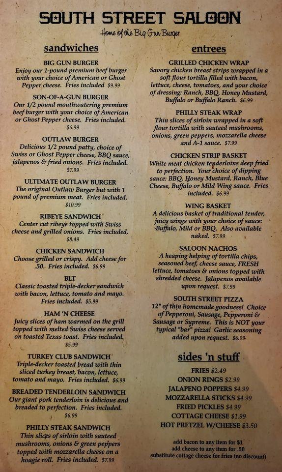Menu at South Street Saloon pub & bar, Danville, 206 South St