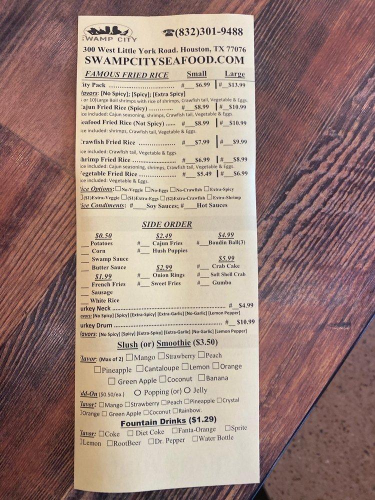 Menu at Swamp City restaurant, Houston, 300 W Little York Rd