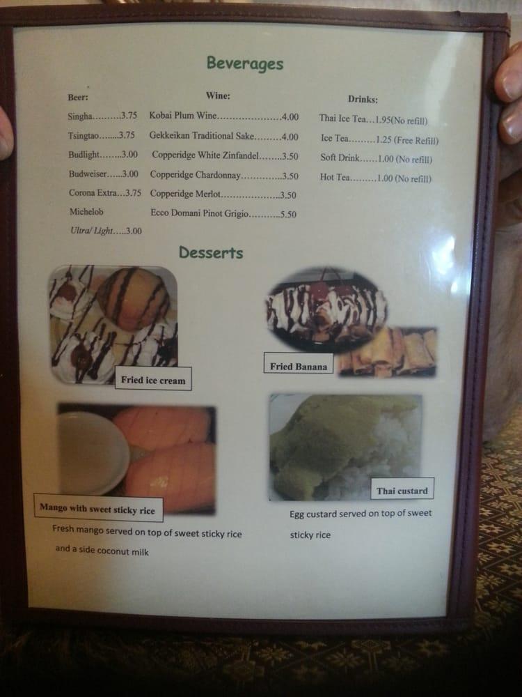 Menu at Thai Jasmine restaurant, Fayetteville