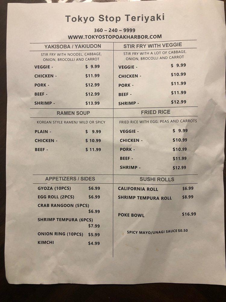 Menu at Tokyo Stop Teriyaki restaurant, Oak Harbor