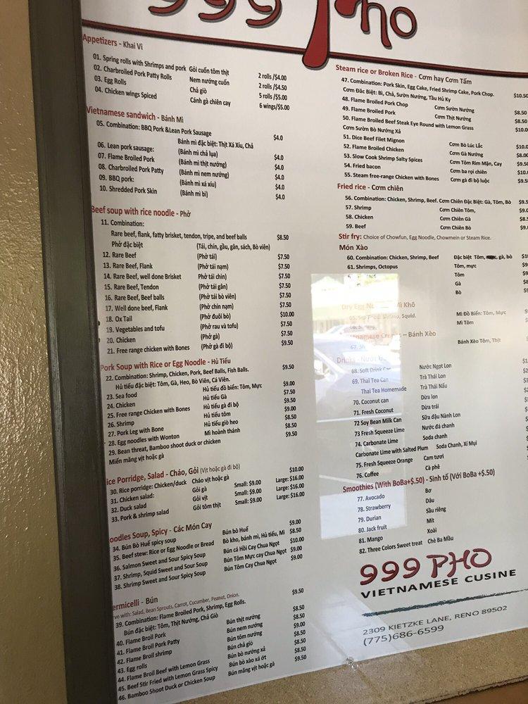 Menu at 999 Phở restaurant, Reno, Kietzke Ln