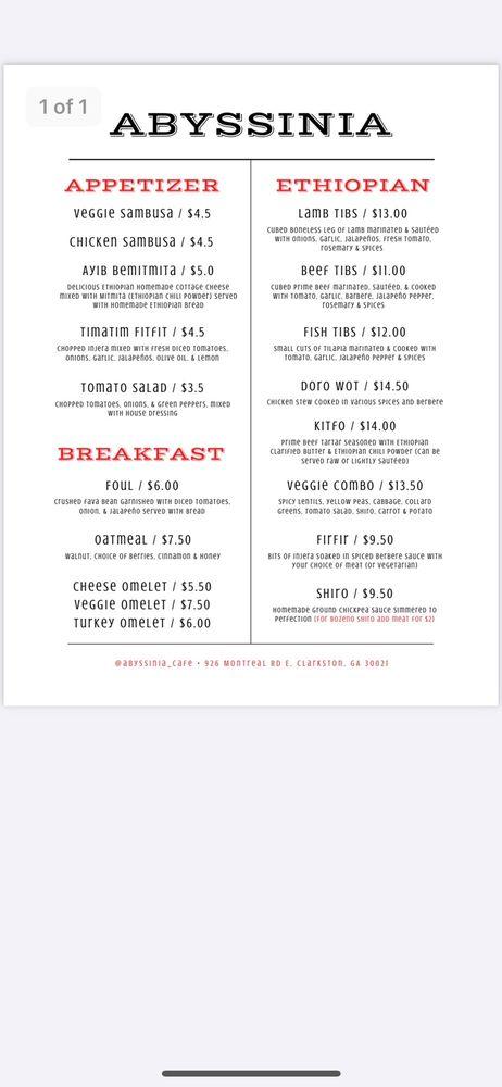 Menu at Abyssinia Cafe & Restaurant, Clarkston