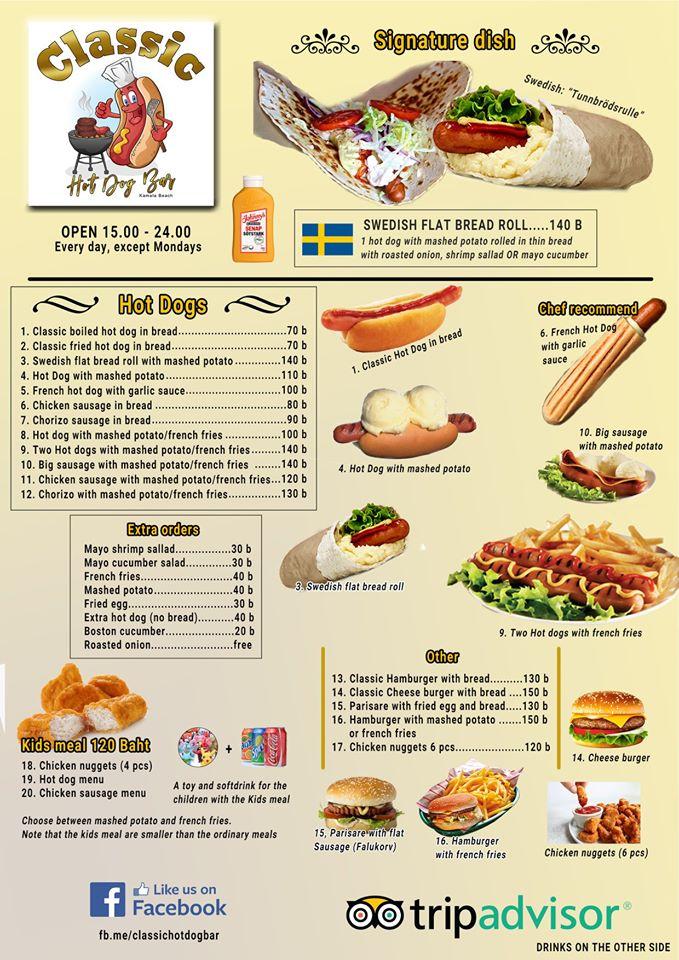Menu at Classic Hot dog bar, Kamala