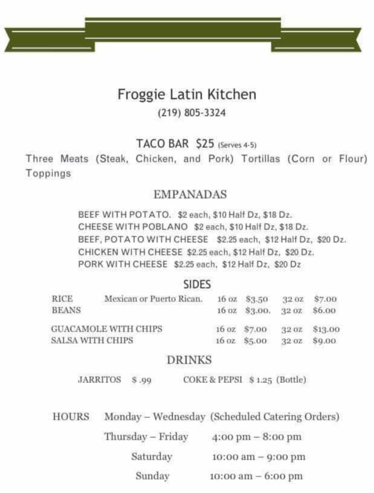 Menu at Froggie Latin Kitchen restaurant, Cedar Lake