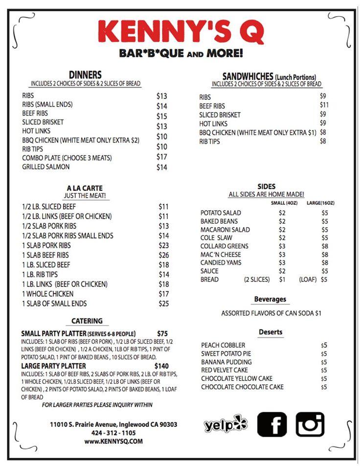 Menu at Kenny's Q Bar-B-Q, Inglewood
