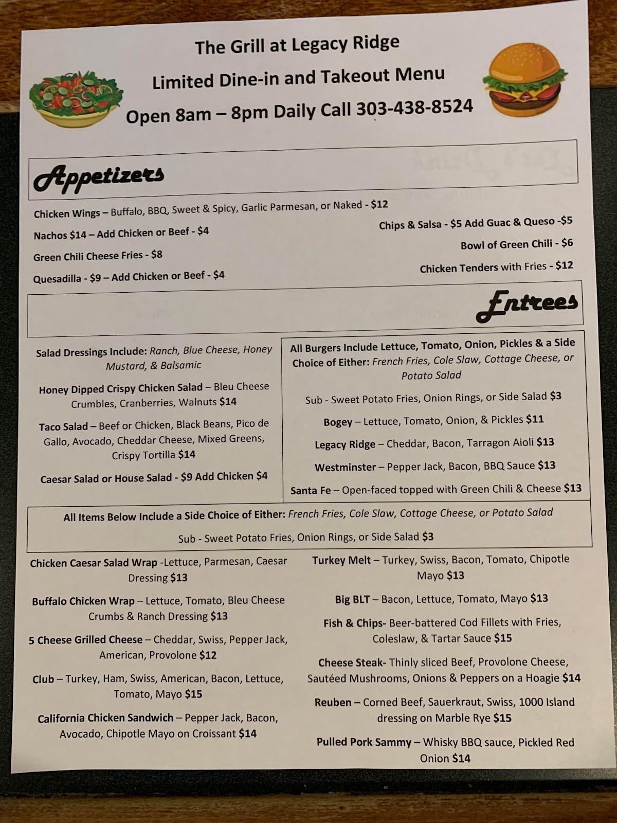 Menu at The Grill at Legacy Ridge restaurant, Westminster