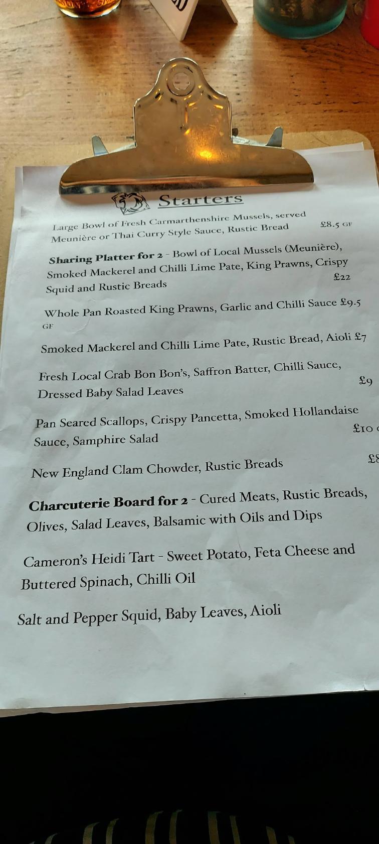 Menu at The Stone Crab restaurant, Saundersfoot