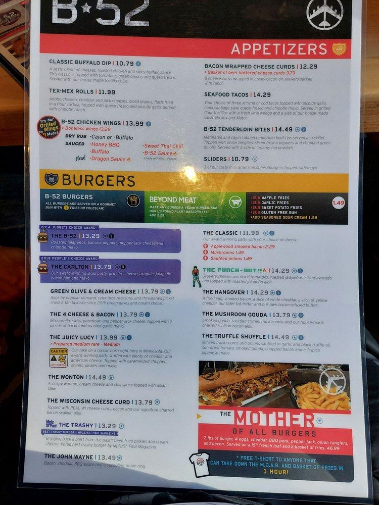 Menu at B-52 Burgers and Brew Lakeville restaurant, Lakeville
