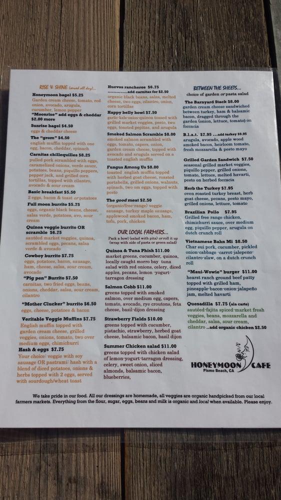 Menu at Honeymoon Cafe, Pismo Beach