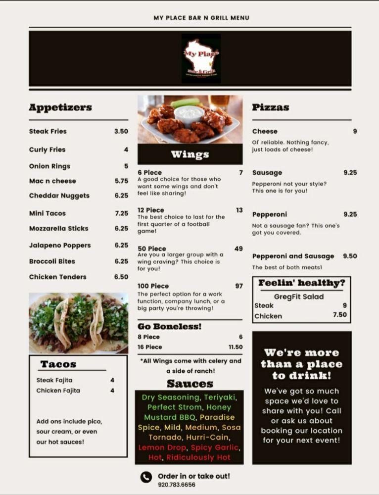 Menu at My Place Bar & Grill, Sheboygan
