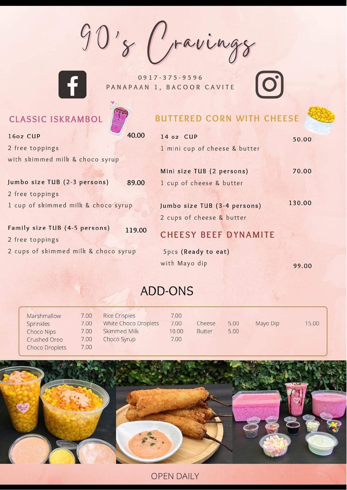 Menu at 90's Cravings cafe, Bacoor