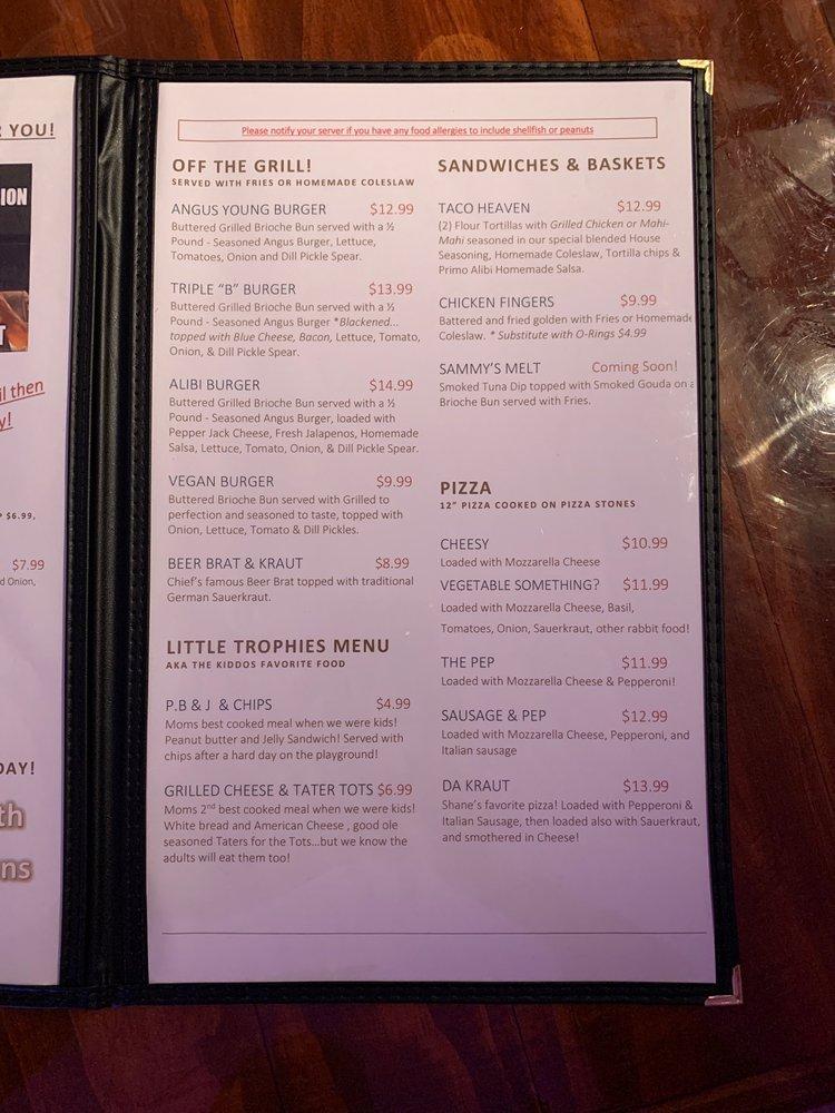 Menu at The Alibi Beach Lounge & Grill pub & bar, Panama City Beach