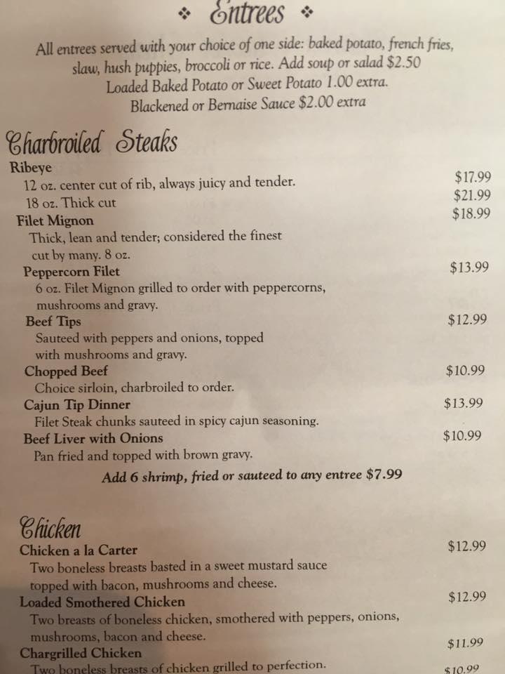 Menu at Carter's Steak & Seafood steakhouse, USA