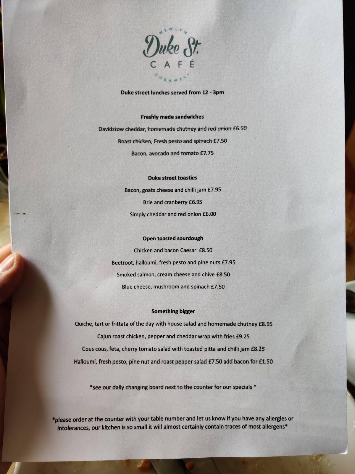 Menu at Duke Street Cafe, Newlyn