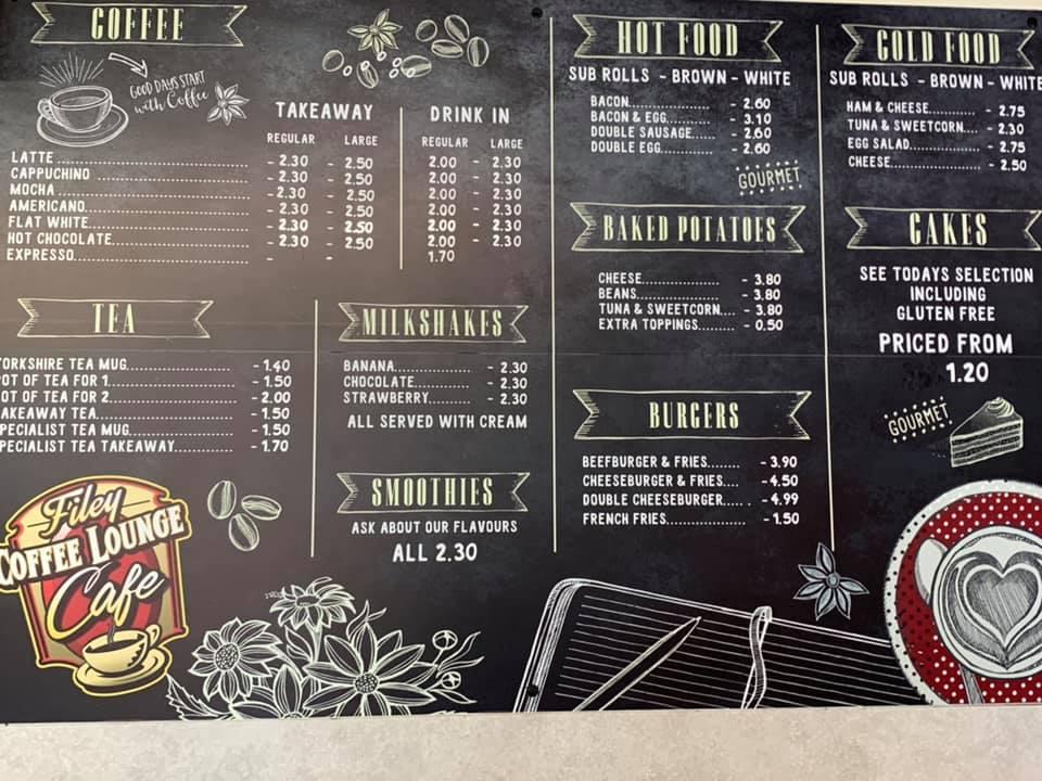 Menu at Filey Coffee Lounge cafe, Filey