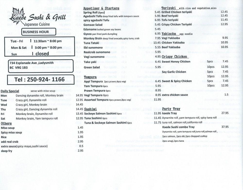 Menu at Kaede Sushi restaurant, Ladysmith