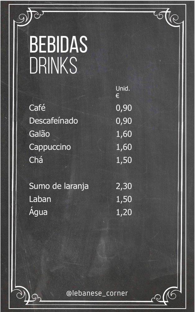 Menu at Lebanese Corner restaurant, Lisbon