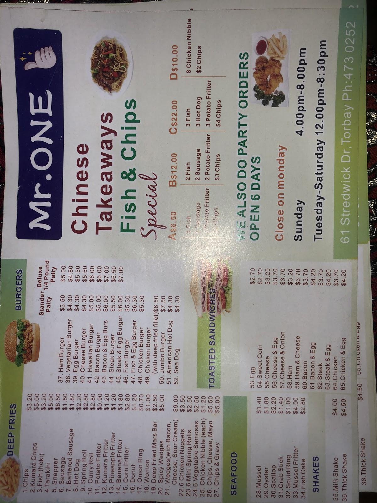 Menu at Mr One fast food, Auckland