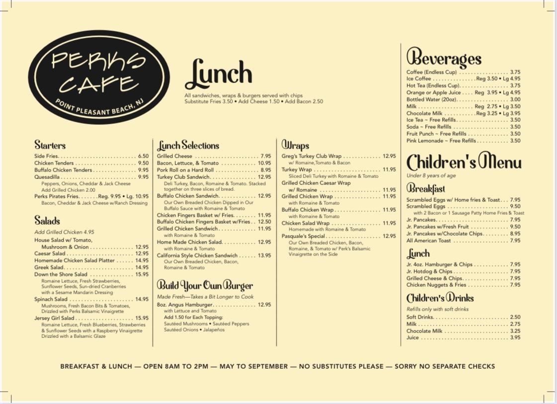 Menu at Perks Cafe, Point Pleasant Beach, 303 Ocean Ave N