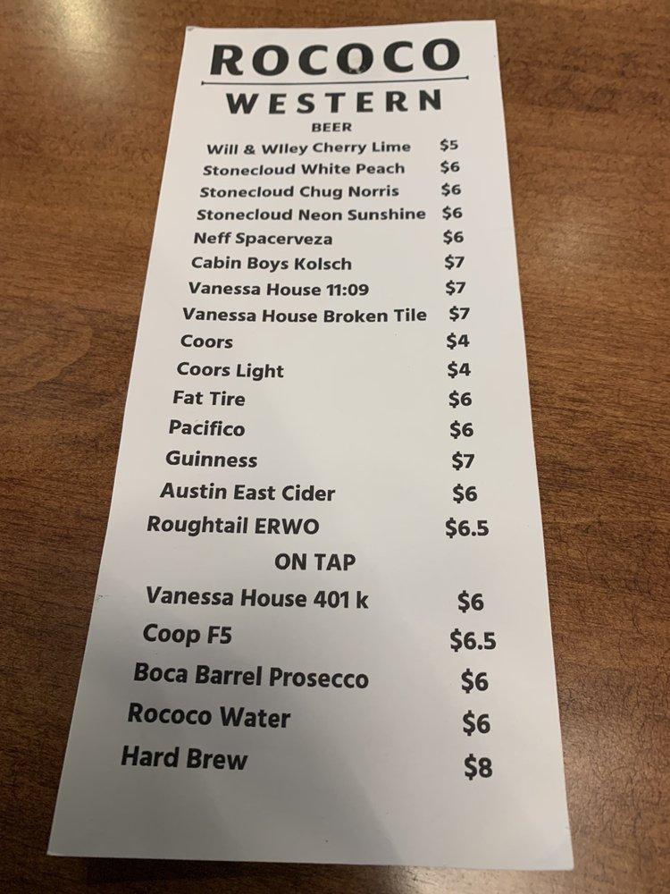 Menu at Rococo on Western restaurant, Oklahoma City, N Western Ave